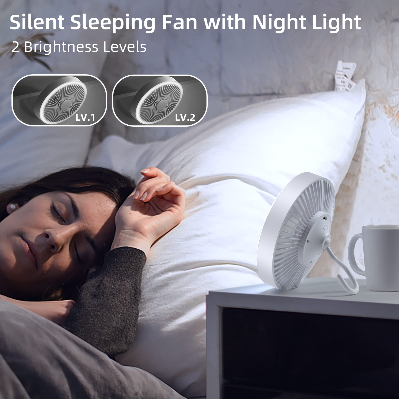 Fuleda Portable Desk Fan, Personal Rechargeable Battery Operated Fan with 3 Speed Settings & Remote Control, Camping Fan with LED Lantern & Hanging Hook for Tent, Car, Picnic, Home, Office (White)