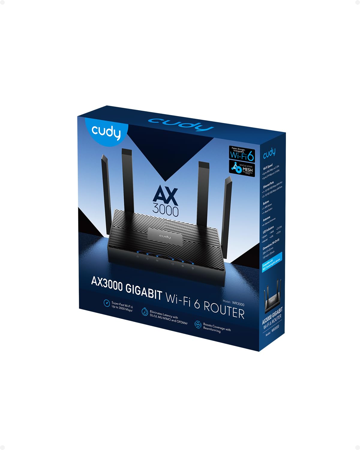 Cudy New AX3000 Dual Band Wi-Fi 6 Router, Mesh Wi-Fi Router, 802.11ax Internet Router, 160MHz, MU-MIMO, OFDMA, WireGuard, OpenVPN, WPA3, WR3000