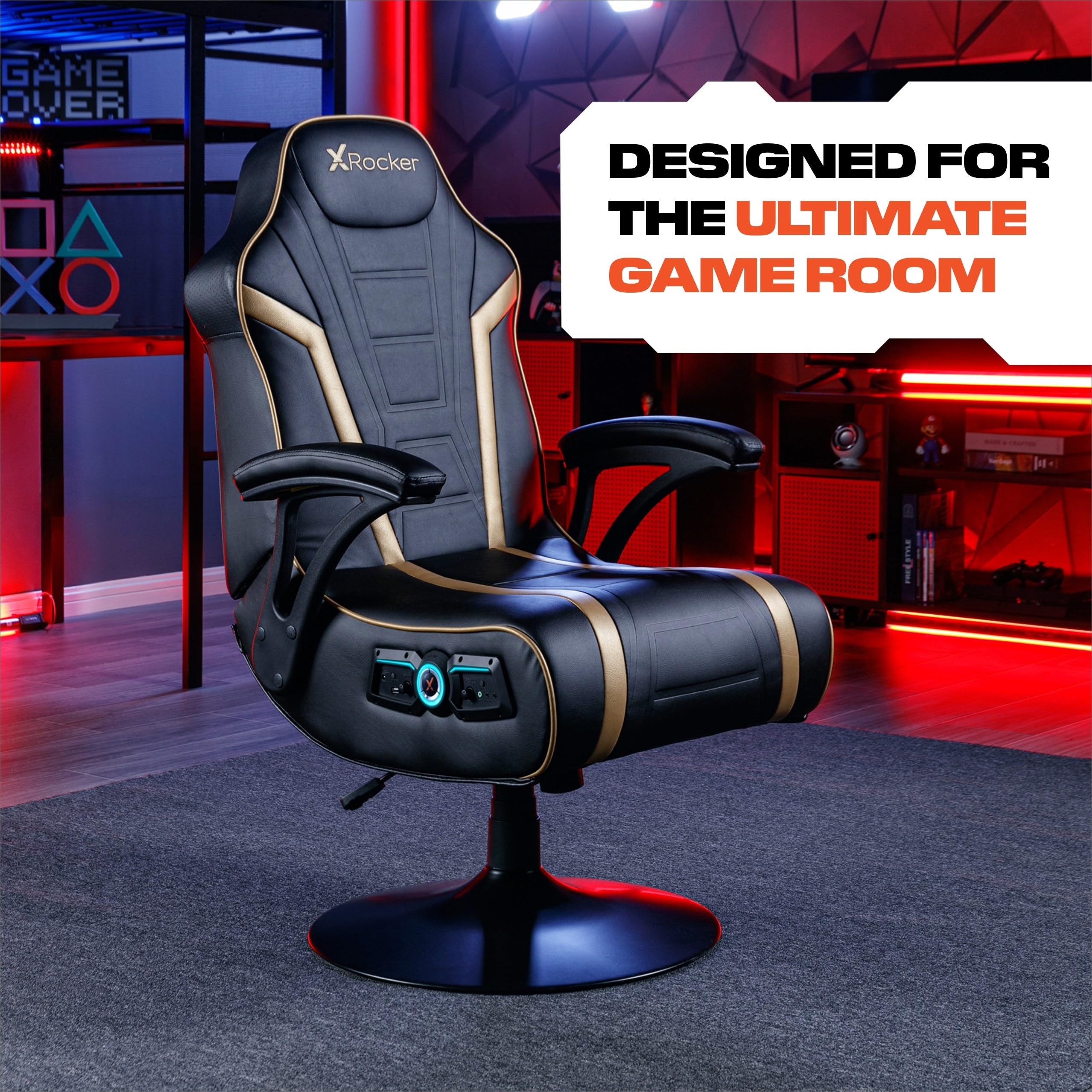 X Rocker Trident Pedestal Video Gaming Chair, Wireless Audio, Backrest Mounted Subwoofer, Padded Armrest, Amazon Exclusive, Black and Gold