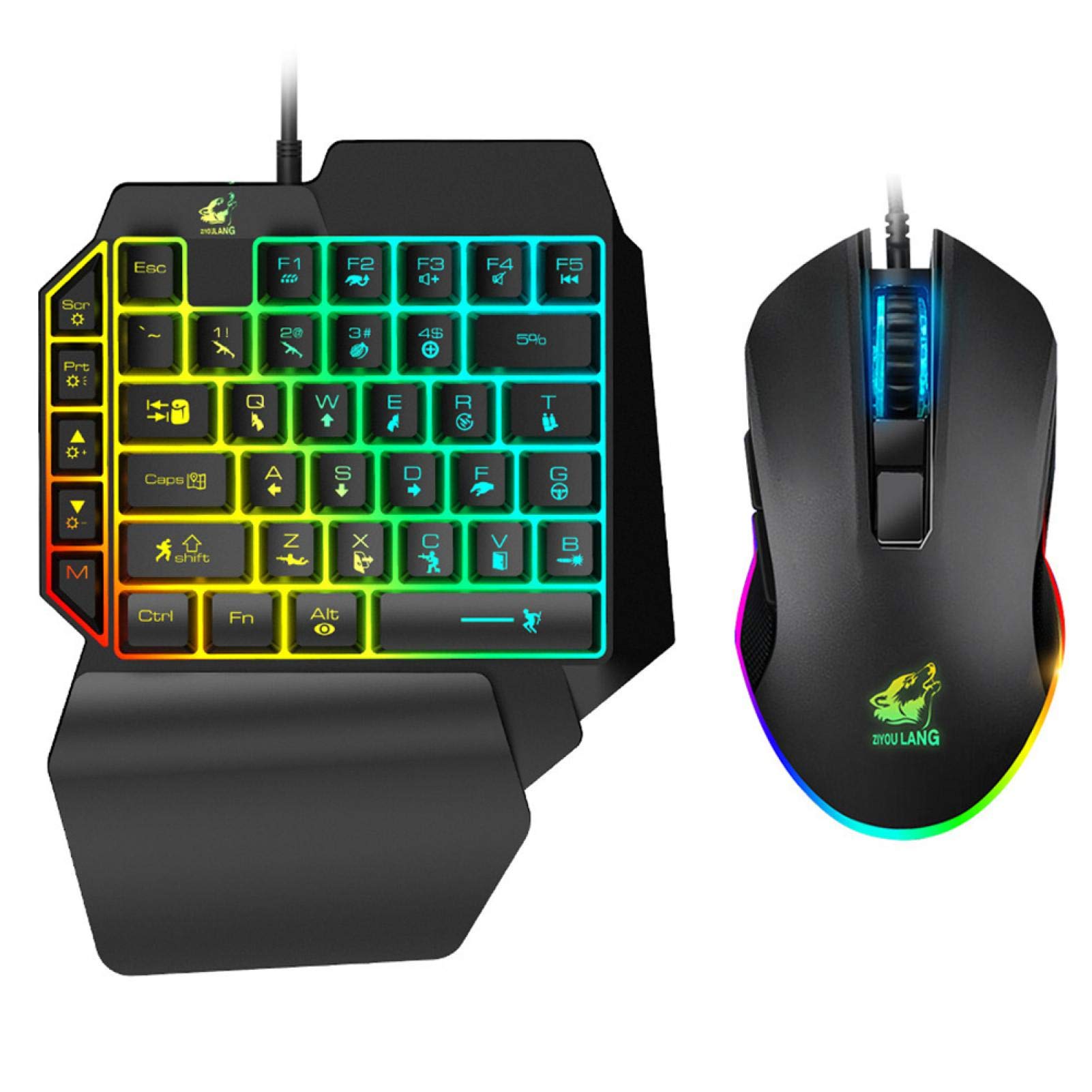 Ergonomic One-Handed Wired Mouse Gaming Keyboard Set for Mobile Phone - LED Backlight Glow Single Hand Mechanical Feeling Keyboard