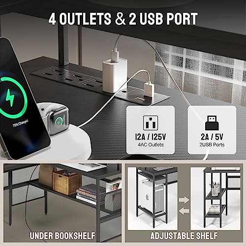 WASAGUN 55" Gaming Desk L Shaped with Power Outlet and LED Lights,Corner Computer Desk with Monitor Stand Storage Shelves for Home Office Gamer Desk