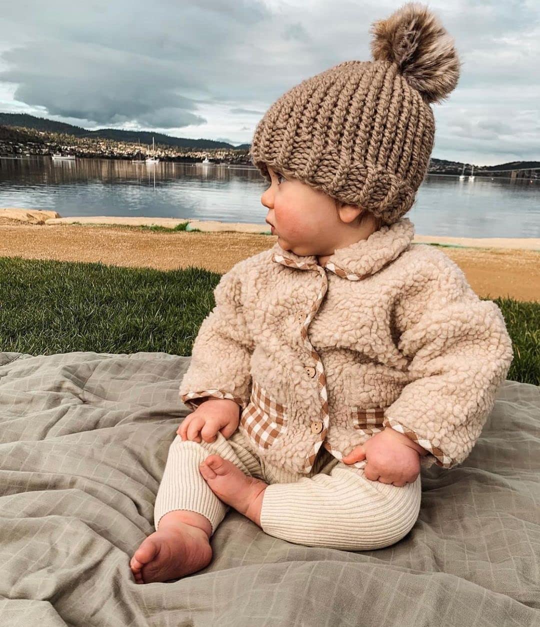 Infant Baby Boy Girl Fall Winter Clothes Fleece Jacket Long Sleeve Buttons Down Warm Plush Coat Outerwear Tops (Khaki Plaid, 12-18 Months)