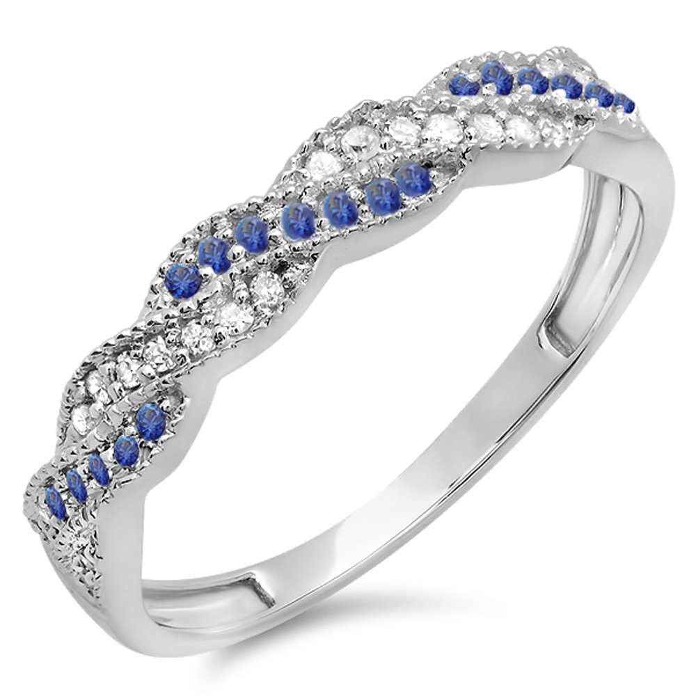 Dazzlingrock Collection 14K Round White Diamond & Blue Sapphire Ladies Anniversary Wedding Band Swirl Ring, White Gold, Size 5.5