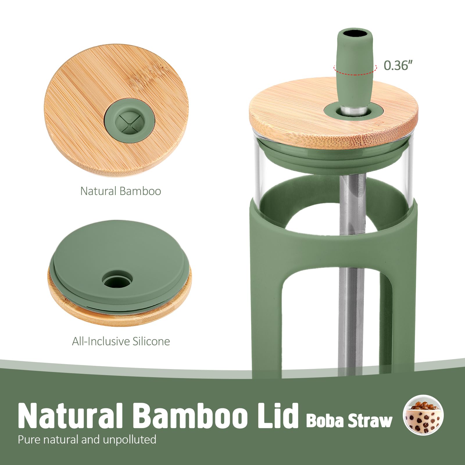 Kodrine 24oz glass tumbler with straw and lid,Iced coffee cup, Leak-proof Lid and Straw,Smoothie Cup With Bamboo Lid,Fit in Cup Holder, BPA Free, Dishwasher Safe (1, Olive)