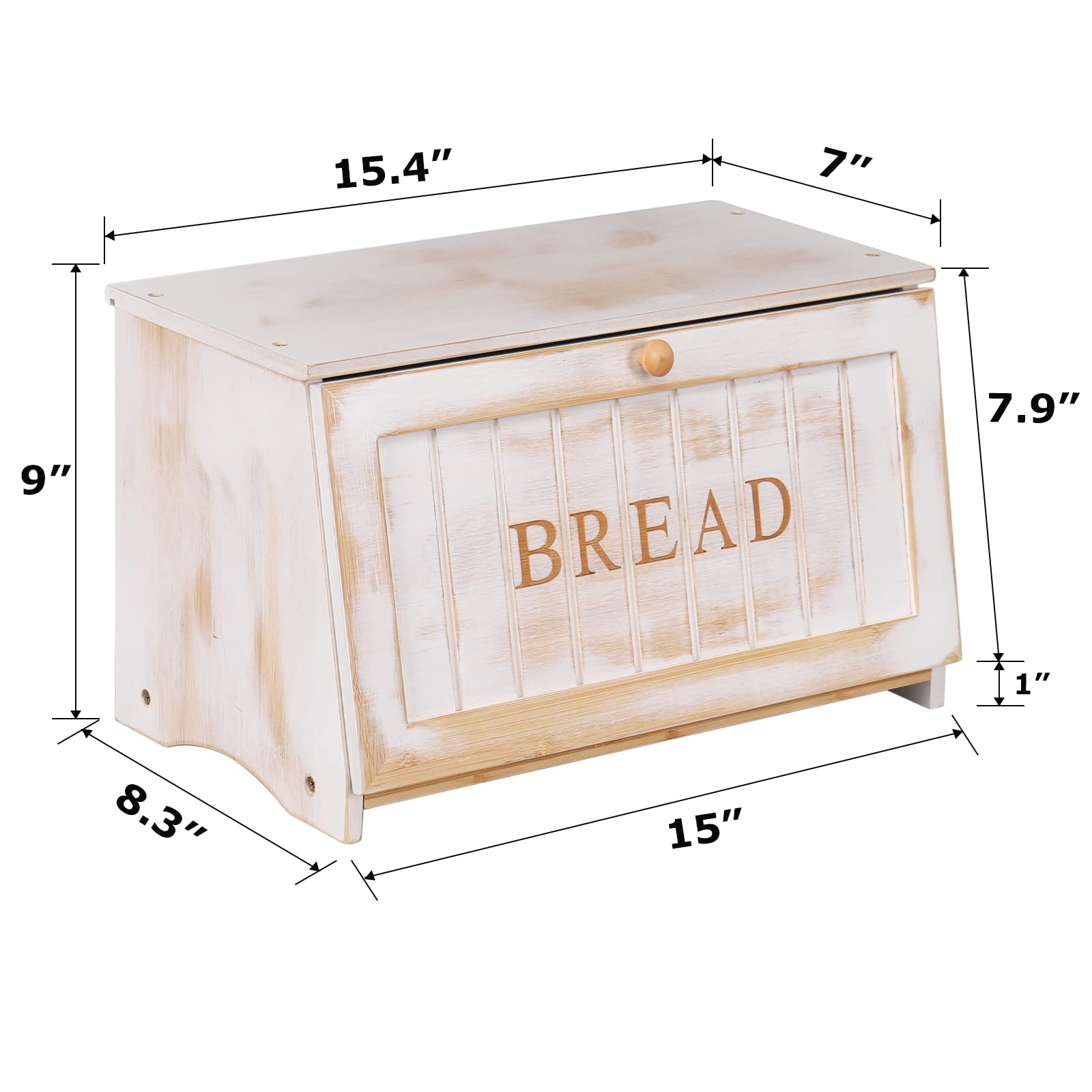 HOMEKOKO Vintage Large Wood Bread Box for Kitchen Counter, Retro Design Single Layer Bamboo Large Capacity Food Storage Bin (White)