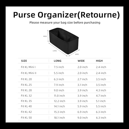 DGAZ Purse Bag Organizer Insert, Silk, Luxury Handbag Tote in Bag Shapers, Fits Kelly mini I/mini II /20/25/28/32/35/40 Bags (Black, KL25)