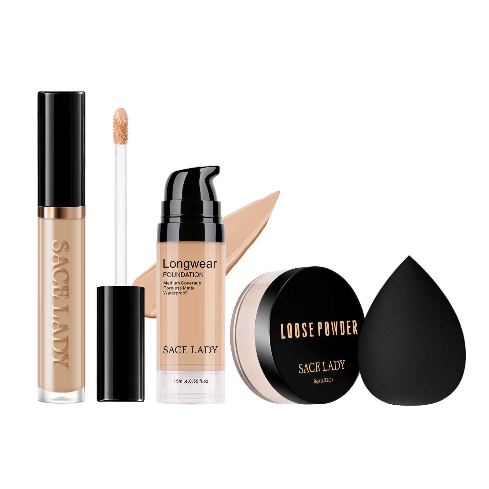 Face Makeup Base Set for Women with Flawless Matte Foundation, Full Cover Up Concealer for Eye Circles, Oil Control Loose Powder, Make Up Sponge, Lasting Waterproof Natural Cosmetics Kit 4Pcs