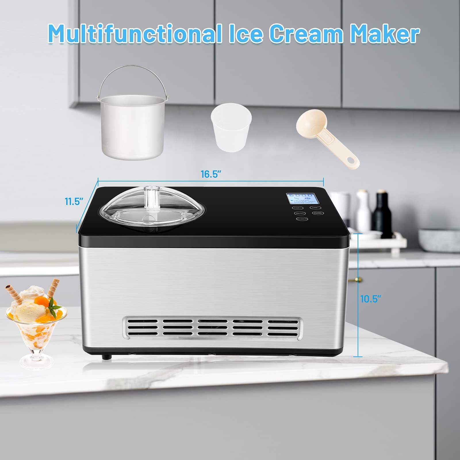COSTWAY Ice Cream Maker, 2.1-Quart Automatic Countertop Ice Cream Machine with LCD Digital Display, Built-in Compressor, Timer Control, Mixing Bowl, Electric Fruit Yogurt Machine