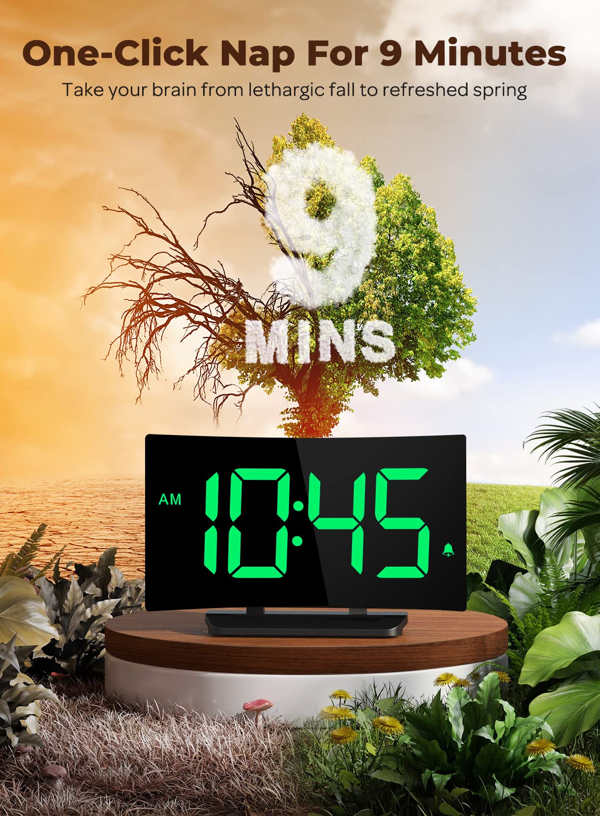 Digital Alarm Clocks for Bedrooms, Digital Clock with LED Curved Screen Display, 5 Adjustable Brightness+off, 3 Ringtones, 2 Levels Volume, 12/24H, Snooze, Outlet Powered Bedside Clock for Kids Adults