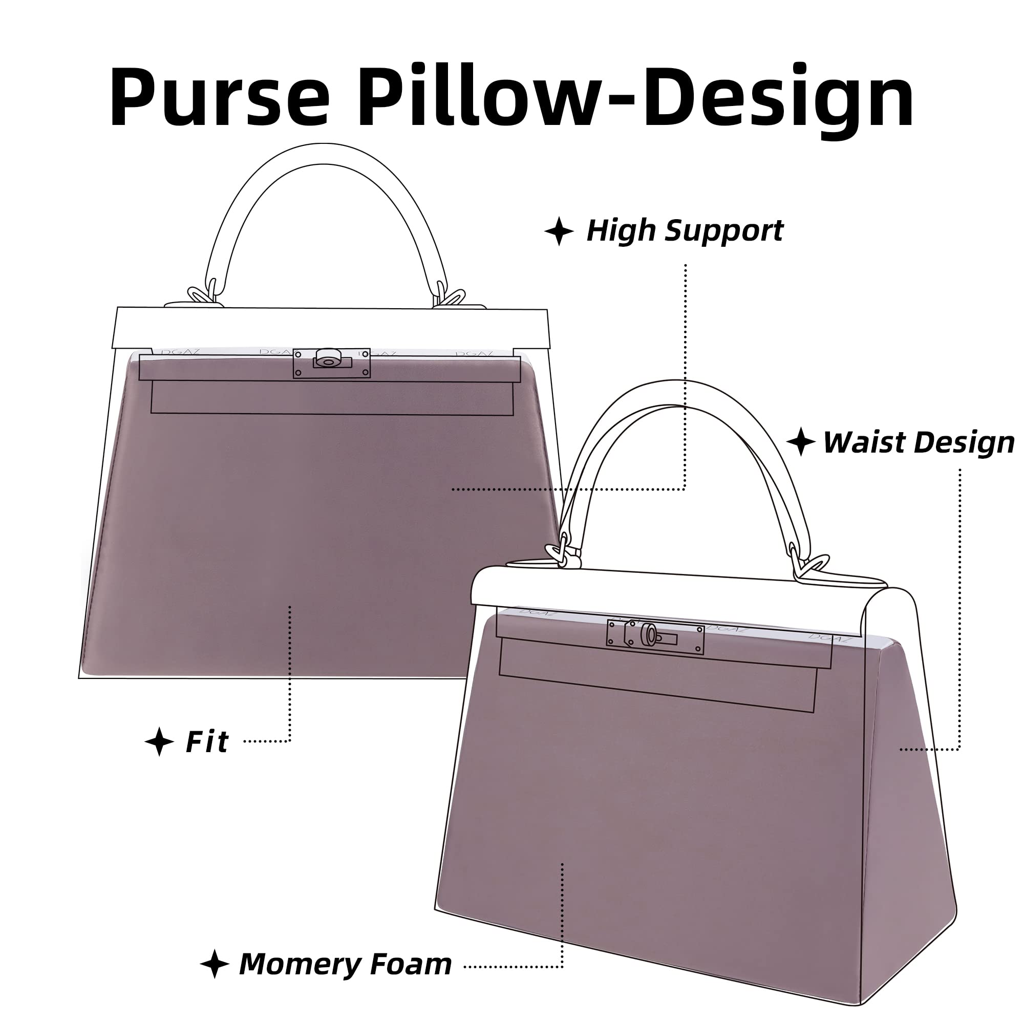 DGAZ Purse Pillow Insert for Luxury Handbags, Memory Foam, Silky Pillow Shaper for Kelly 25/28/32/35 Bags(Konjac purple, KL25)