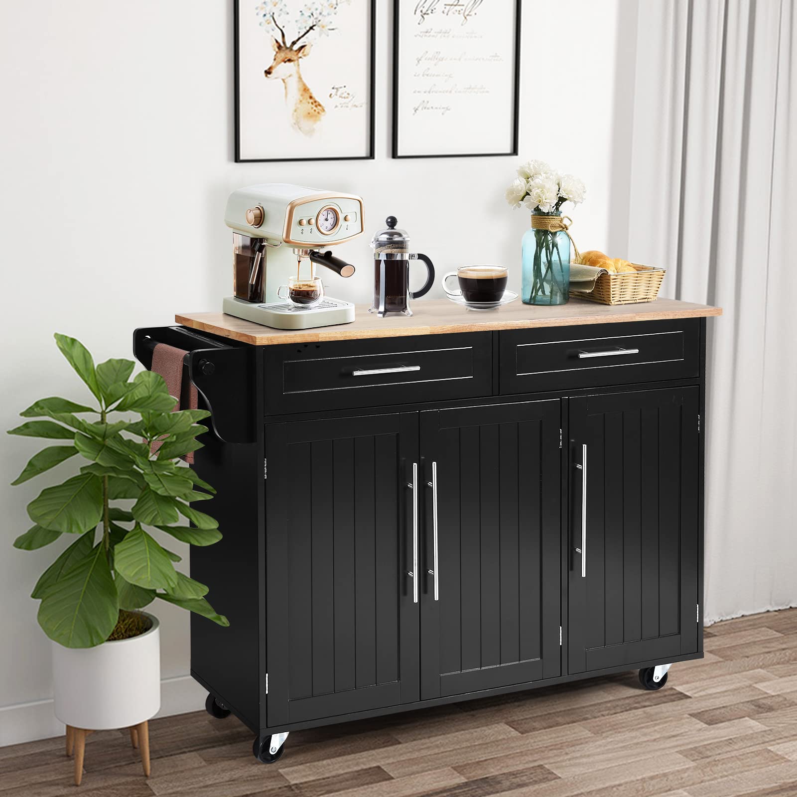 COSTWAY Mobile Kitchen Island Cart, Rolling Storage Trolley with Towel Bar, 2 Deep Drawers, 3 Door Cabinets, Swivel Casters, Rubber Wood Top, Ideal for Kitchen, Dining Room, Restaurant, Cafe (Coffee)