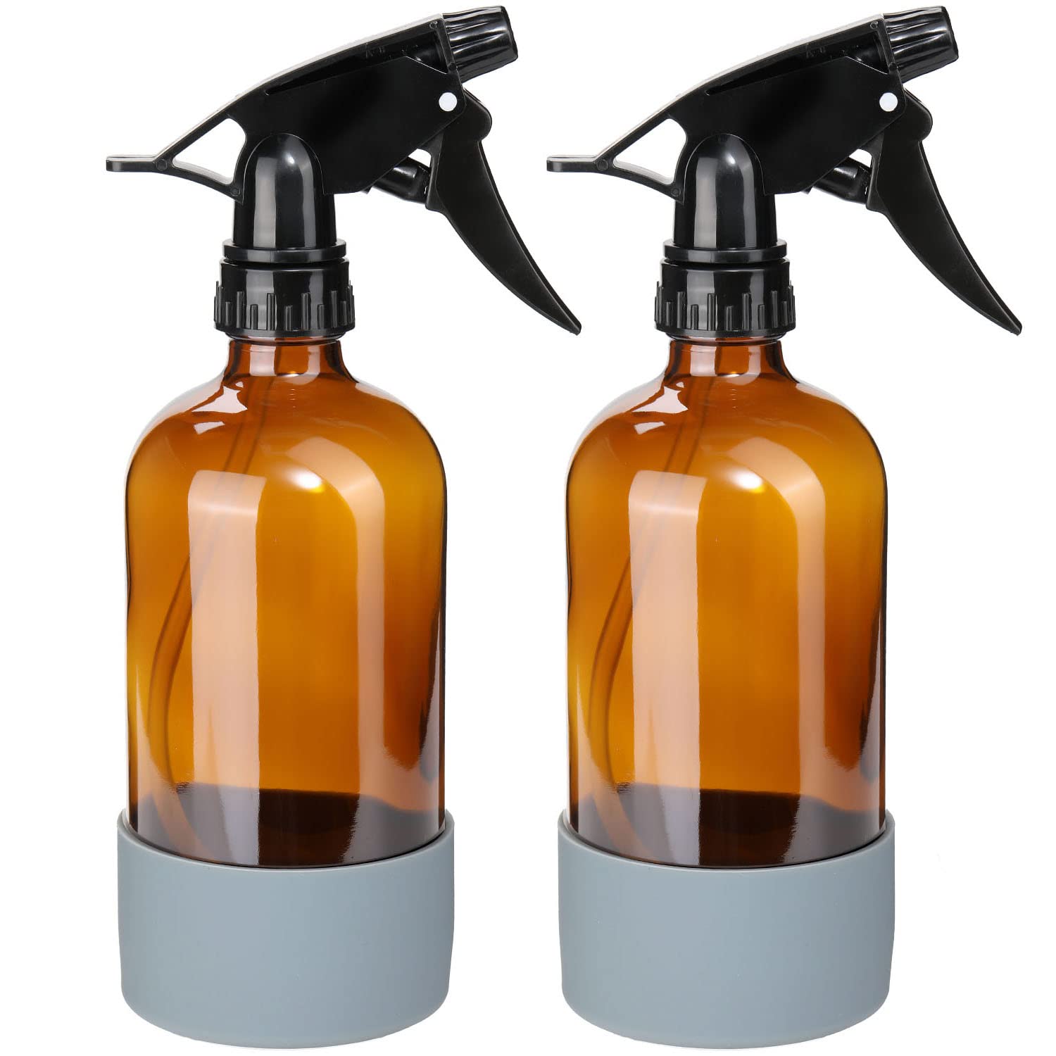 DYHAXA 16 oz Empty Amber Glass Spray Bottle with Silicone Sleeve - 2 Pack Reusable Refillable Container for Cleaning Solutions - Easy to Clean Trigger Sprayer with Adjustable Mist or Stream Setting