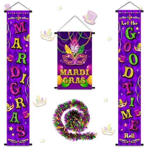 Mardi Gras Decorations, Mardi Gras Hanging Backdrop Banner, New Orleans Themed Party Welcome Porch Sign, 16.4 FT Mardi Gras Glittering Tinsel Garland, Carnival Party Wall Decor for Parade Masquerade