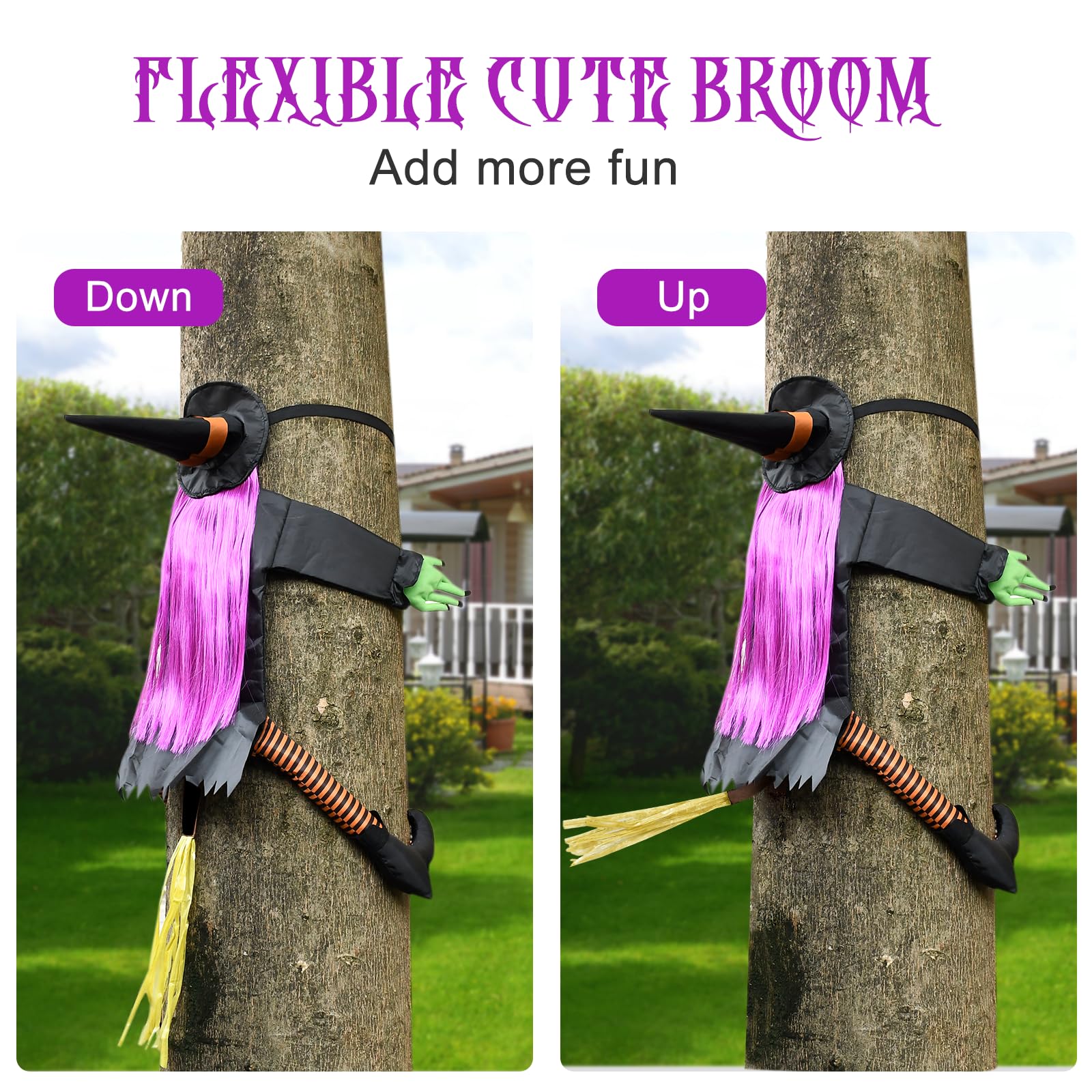 Crashing Witch into Tree for Halloween Decoration,Hanging Halloween Witch Props with Light String for Outdoor Tree Porch Garden Patio Halloween Decor Party Supplies (LED Crashing Witch)