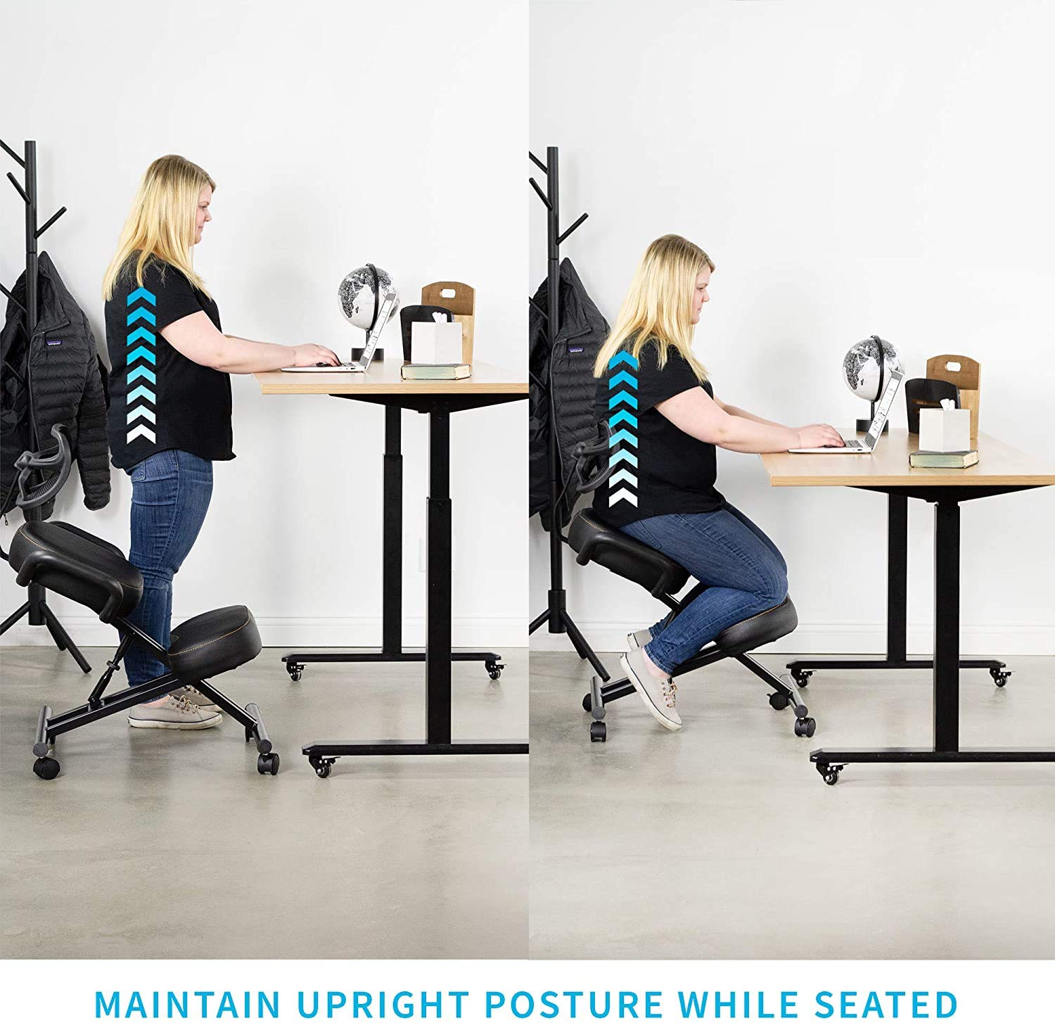 Ergonomic Kneeling Chair with Back Support, Adjustable Stool for Home and Office - Improve Your Posture with an Angled Seat - Thick Comfortable Cushions (Black)