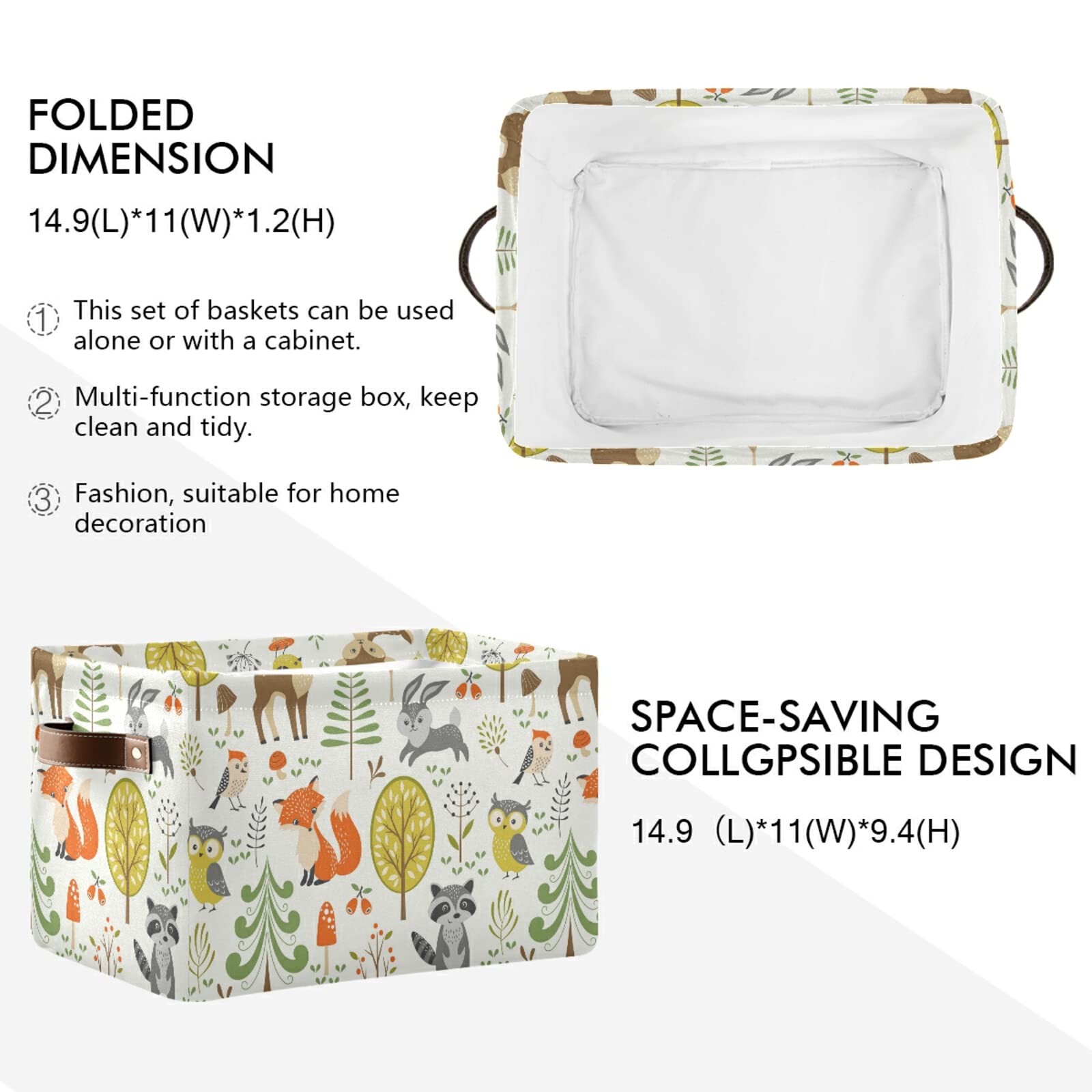 Foldable Storage Basket, Cube Organizer Bins Cute Woodland Animals Trees Mushrooms and Berries Cube Bag Dual Handles for Closet Shelf
