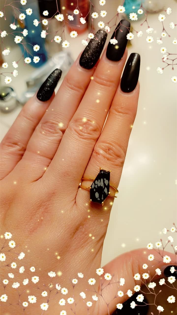 DHRUVANSH CREATIONS Snowflake Obsidian Coffin Shape Ring, Stackable Ring, Oddity Jewelry, Sacral Chakra, Halloween Ring, Dainty Coffin Ring, Gothic, Protection (7.5)