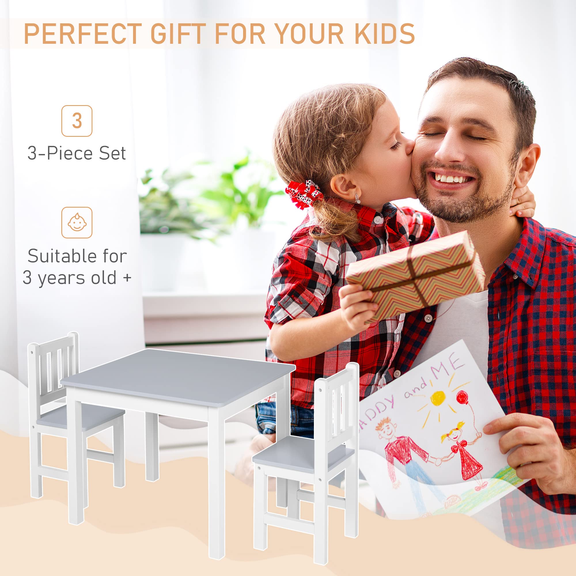 Qaba Kids 3 Piece Table and Chair Set Ideal for Arts, Meals, Lightweight Wooden Homework Activity Center, Toddlers Age 3+, Grey