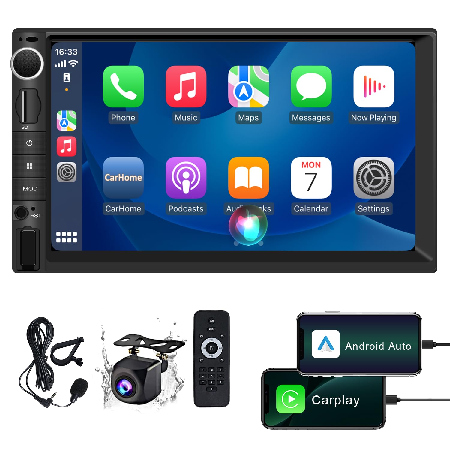 Double Din Car Stereo with Backup Camera, 7 Inch Touchscreen Car Stereo Radio Support Mirror Link, AM/FM/TF/USB/AUX, Multimedia Car Audio Receivers with Steering Wheel Control