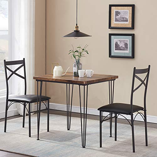 VECELO Modern Industrial Style 3-Piece Room Kitchen Pu Cushion Chair Sets for Small Space, Dining Table for 2, Retro Brown and Black