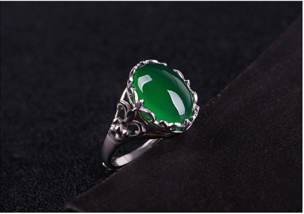Duan 925 Sterling Silver Green Agate Crystal Ring Emerald Vintage Inlaid Chalcedony Index Finger Opening Adjustable Female Ring