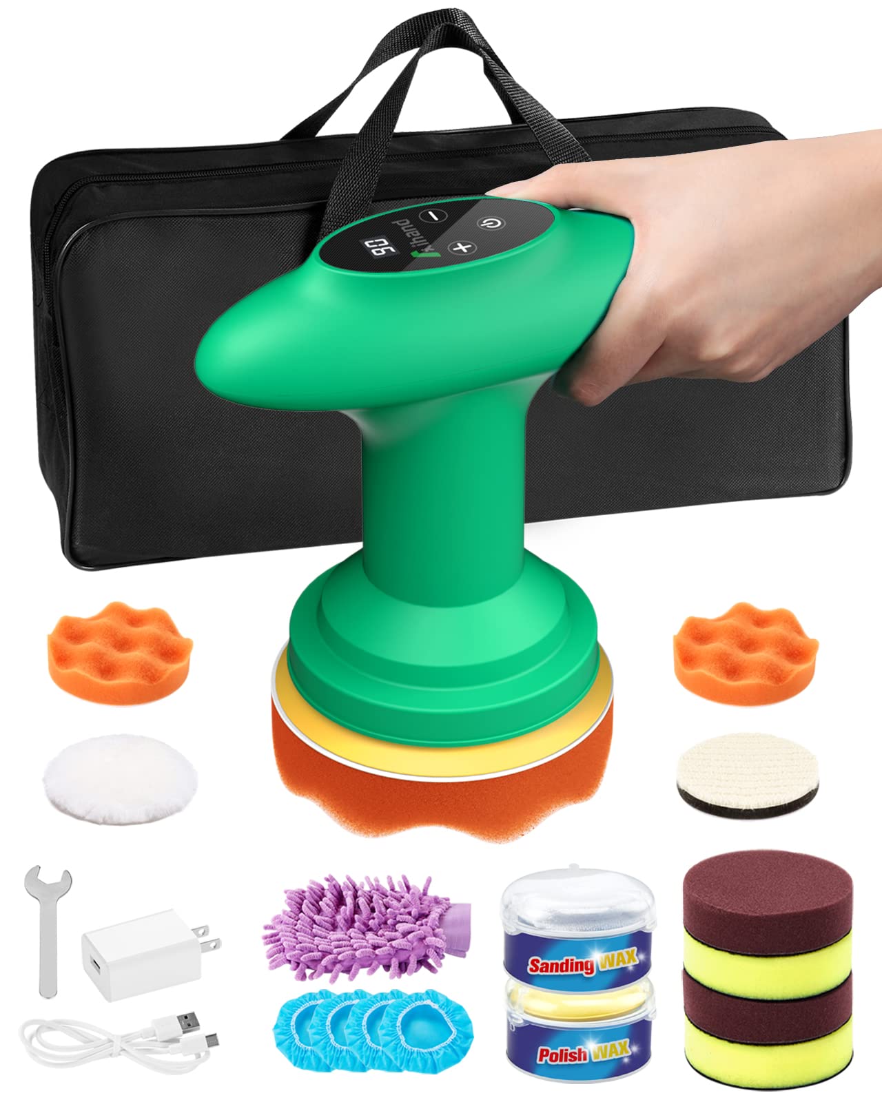 Cordless Car Polisher, 4inch 2500-6000 RPM Orbital Polisher with 8 Pads, Aihand Lightweight Micro Cordless Buffer with Polish/Paste Wax for Car Detailing/Waxing, 6 Speeds, 12V with LCD Display