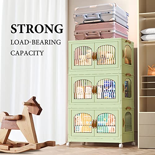 EHAMILY Stackable Storage Bins with 1 Lid Set 3 Tier,8.4 Gal Clear Plastic Folding Storage Box with Wheel and Door,Large Foldable Cabinet Collapsible Bin for Closet Organizer,Clothes,Green