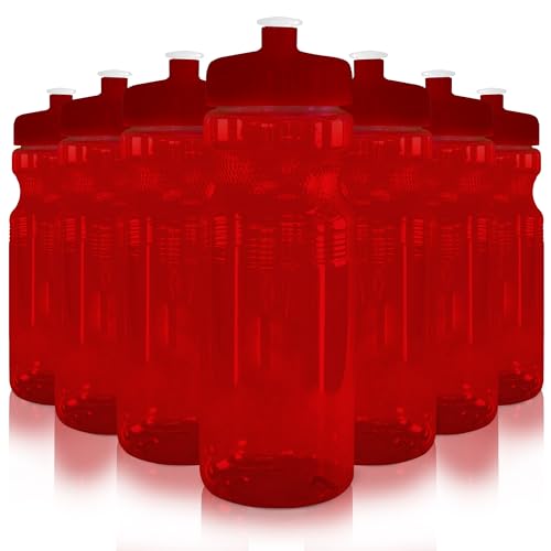 CSBD 24 oz. Bulk Water Bottles, 10 Pack, Made in USA, Blank Plastic Reusable Water Bottles for Gym, Cycling, BPA Free, Plastic Water Bottles Pull Top Cap for Sports, Translucent Red