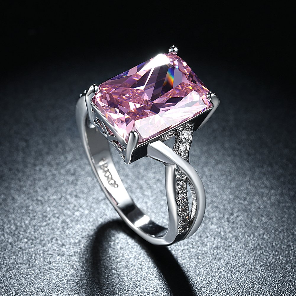 DUANMEINAD Swarovski Crystal Rings For Women Size 6-9 - White Gold Plated Pink Zircon Ring (7)