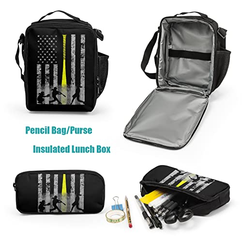 Nerxy School Backpack Set 3 Pcs Baseball US Flag Printed Large Bookbags Heavy Duty Shoulder Packs Teenager Girls Boys