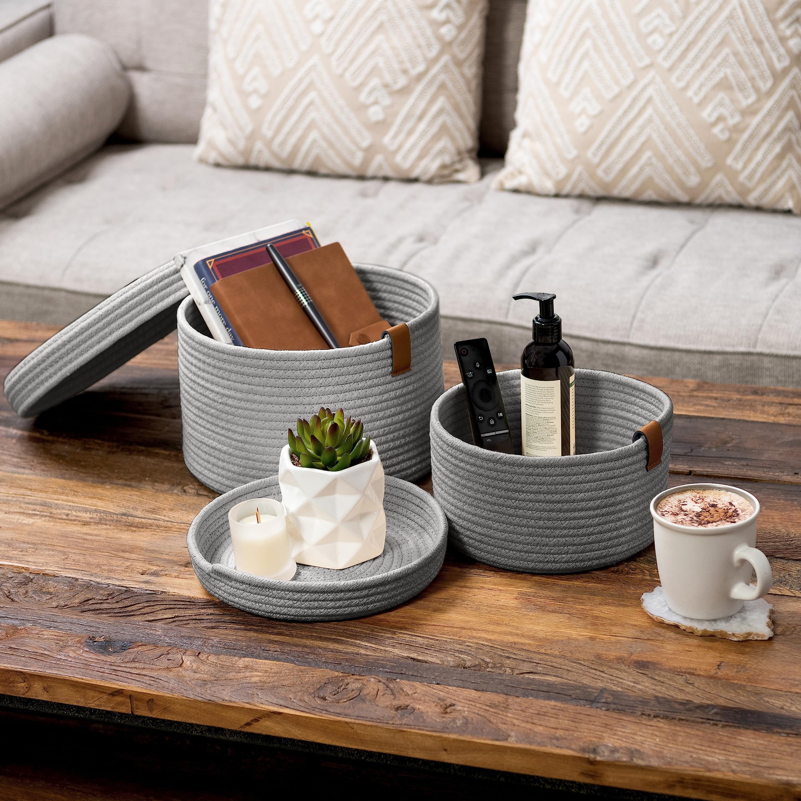 DENJA & CO Decorative Storage Basket Organizer Set of 3 and Round Baskets with Lids Set of 2 (Light Gray)