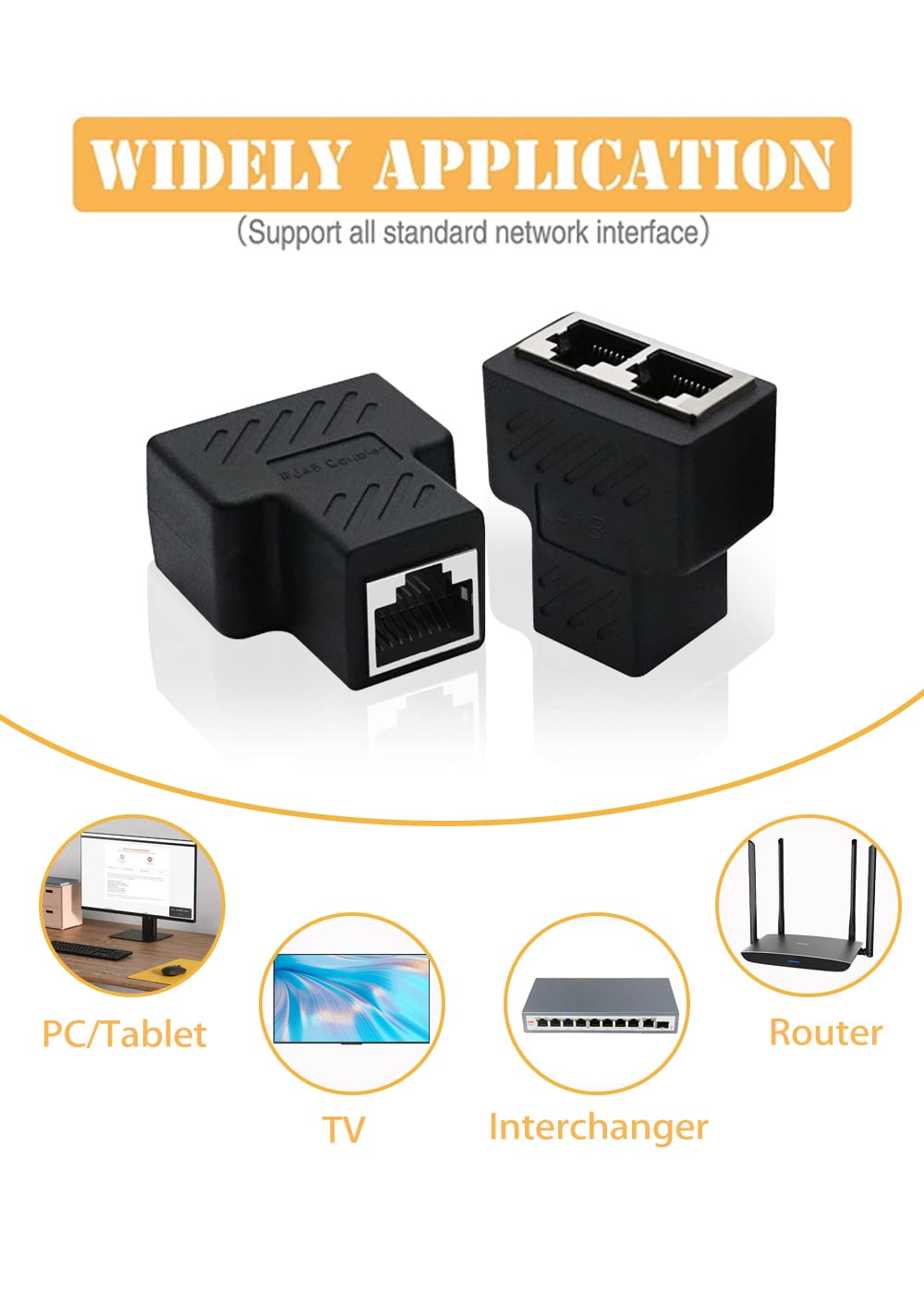 Ethernet Splitter, Tuliyet RJ45 1 to 2 Ethernet Splitter Coupler Adapter, Ethernet Cable &LAN Internet Splitter for Cat5, Cat5e, Cat6 Cable - 2pcs