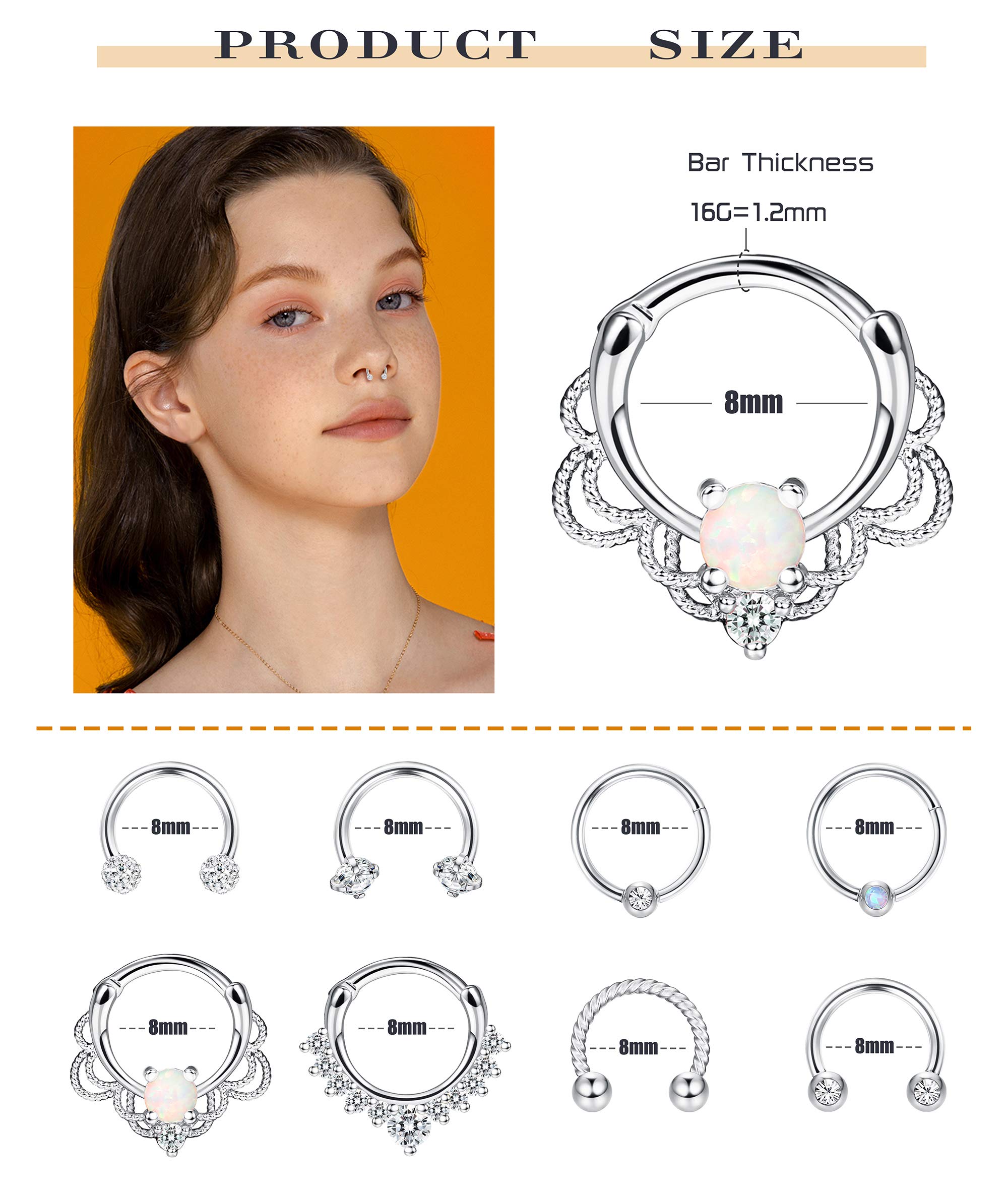 Drperfect Septum Rings 16G Stainless Steel Septum Clicker Daith Rook Helix Tragus Septum Piercing Jewerly