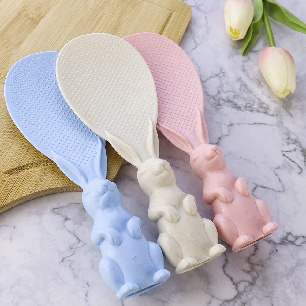 HengKe 3 Pieces Rabbit Shape Rice Paddle Bunny Cartoon Rice Spoon Non-stick Rice Spatula Stand-up Rice Spoon Paddle Standing Rice Cooker Spoon Stand-able Rice Serving Spoons Vertical Rice Scoop