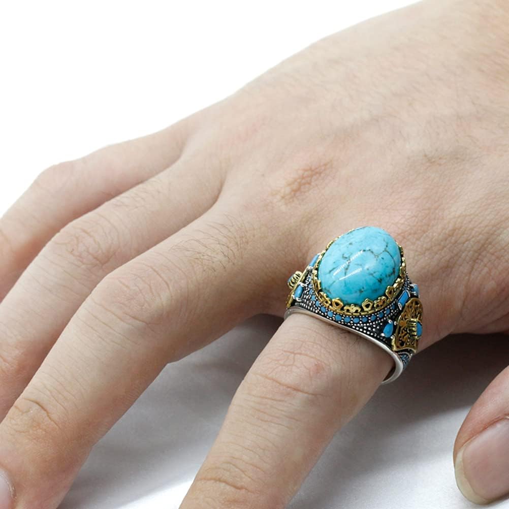 Dinuo Natural Turquoise Stone Ring 925 Sterling Silver Ring Unique Design Turkish Handmade Authentic Ring with Gemstone