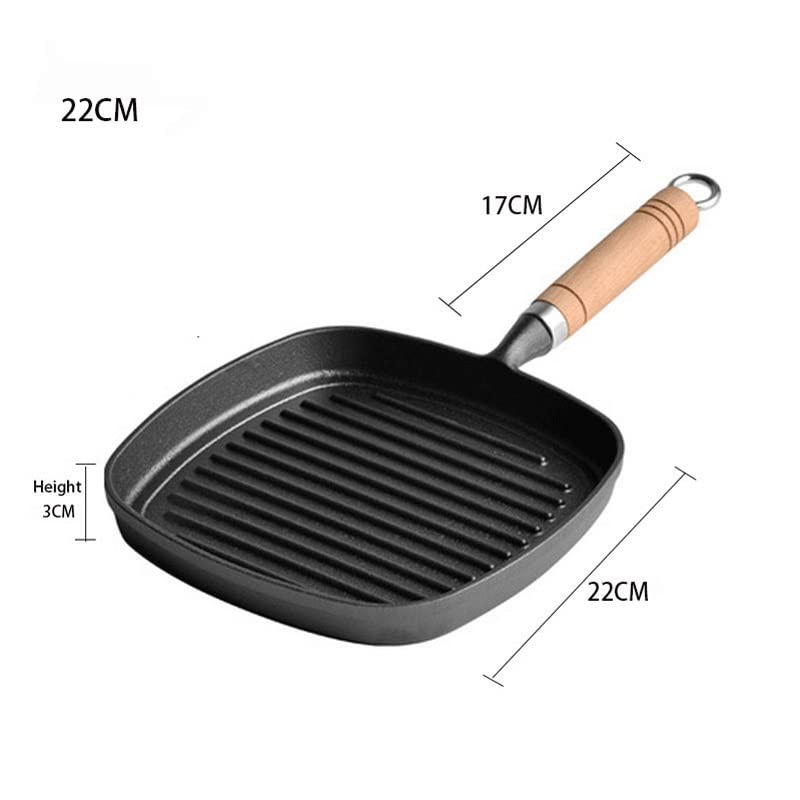DHTDVD Skillet Cast Iron Skillet Wooden Handle Striped Steak Skillet Cookware Kitchen