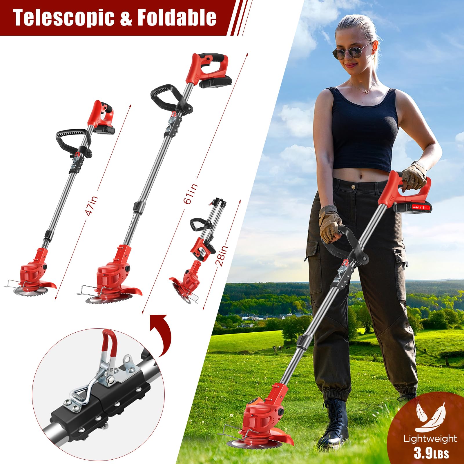 Cordless Weed Wacker, Electric Weed Eater Battery String Trimmers Edger Lawn Tool Bush Pruner 2.0Ah Battery Powered Grass Edger Foldable Stick Electric Mower w/Wheels