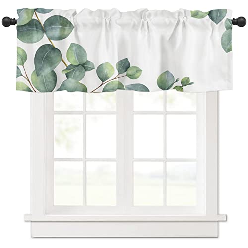 YOKOU Curtain Valance, Natural Green Leaves Watercolor Eucalyptus Leaf White Short Rod Pocket Window Treatment for Living Room, Bedroom, Kitchen, Bathroom, 1 Panel, 54" W x 18" L