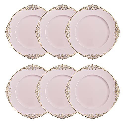 Henilosson Pink Charger Plates Gold Trim - Antique Plate Chargers for Dinner Plates - Set of 6 Dinner Chargers(6,pink)