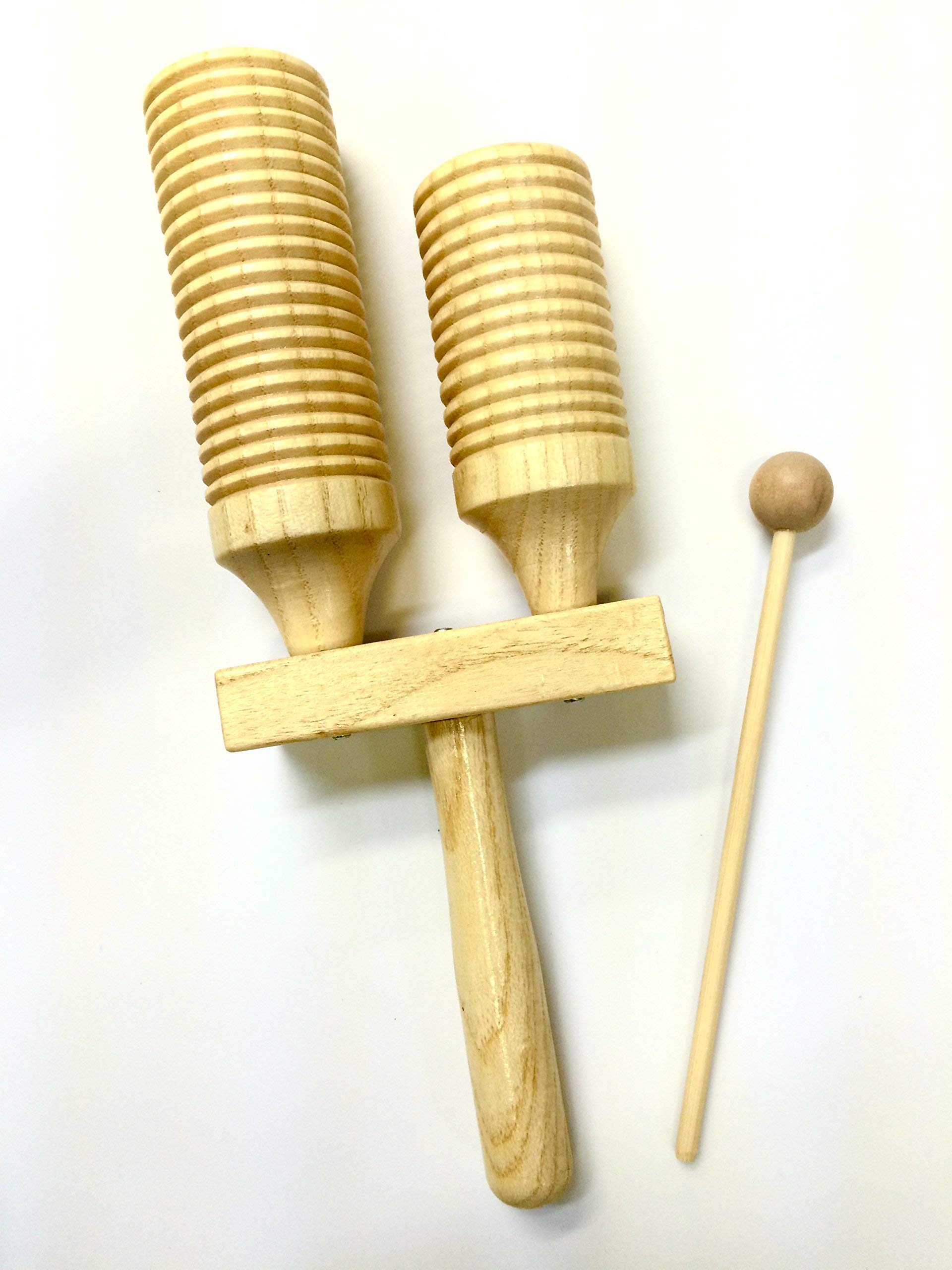 Double Wood Tone Block and Guiro with Mallet - High and low pitch percussion musical instrument
