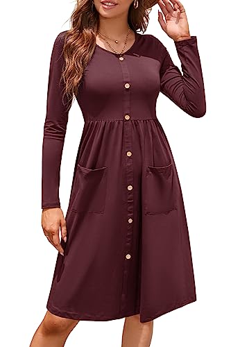 OUGES Womens Fall Long Sleeve Midi Dresses Button Down V Neck Skater Dress with Pockets 2023(Red,L)