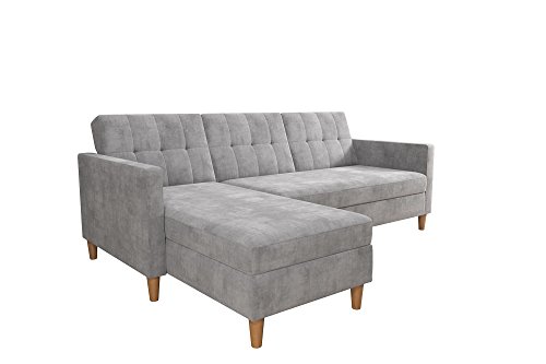 DHP Hartford Storage Sectional Futon with Interchangeable Chaise, Space-saving Design with Multi-position Back, Wooden Legs, Light Grey Chenille
