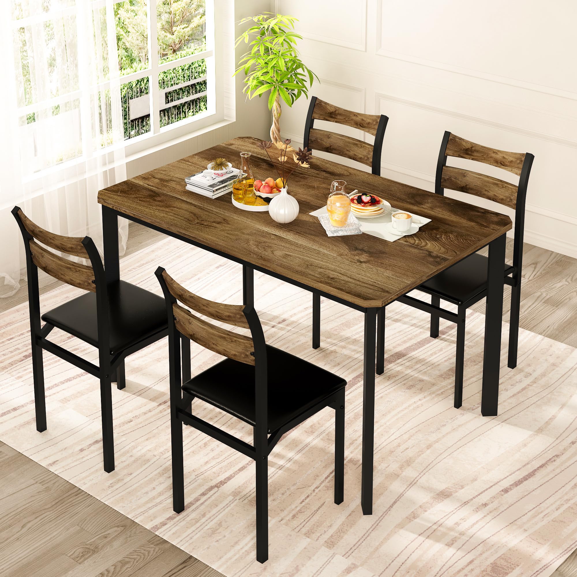 DKLGG Dining Table Set for 4, 43.3" Dining Room Table with 4 Upholstered PU Leather Chairs, Modern Wood Kitchen Table and Chairs Set, 5-Piece Dinette Set for Breakfast Nook, Small Places, Brown