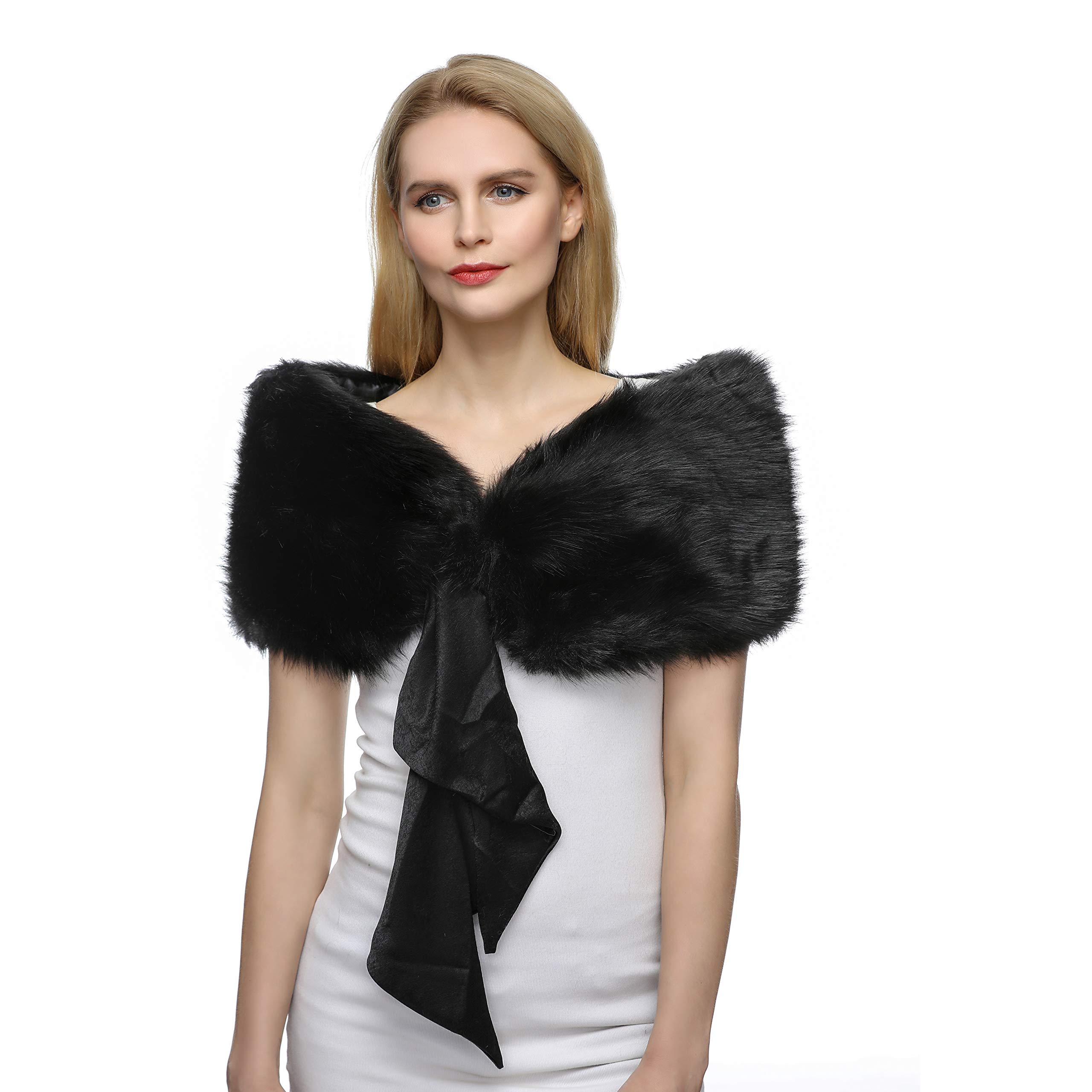 Dikoaina Faux Fur Wrap Shawl Collar Scarf Cape with Satin Bowknot for Bridal Wedding Evening 1920s Party