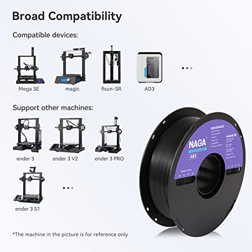 NAGA ABS 3D Printer Filament 1.75mm, High Toughness & High Hardness ABS Filament, 1kg Spool(2.2lbs), Dimensional Accuracy +/- 0.03 mm (Black)