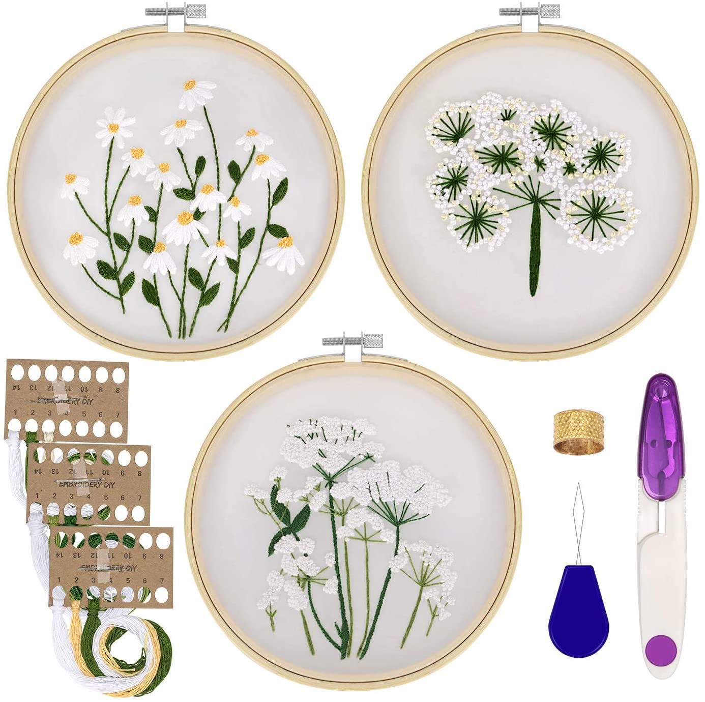 Embroidery Starter Kit with Pattern Set of 3, Cross Stitch Set for Adults, Stamped Embroidery Kits for Beginners, Including 3 Embroidery Hoop