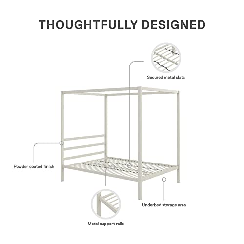 DHP Modern Metal Canopy Platform Bed with Minimalist Headboard and Four Poster Design, Underbed Storage Space, No Box Spring Needed, Full, White