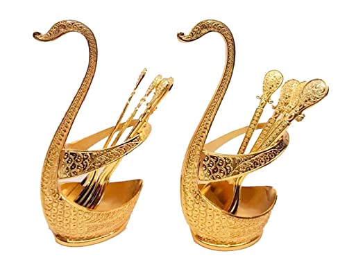 German Gold Plated 1 PC S Swan Duck With 6 Pcs Tea Spoon Set For Home And Kitchen Decorative Swan Base Holder Spoons for Coffee, Fruit,Dessert,Stirring, Mixing Sugar, By ORNATE INTERNATIONAL.