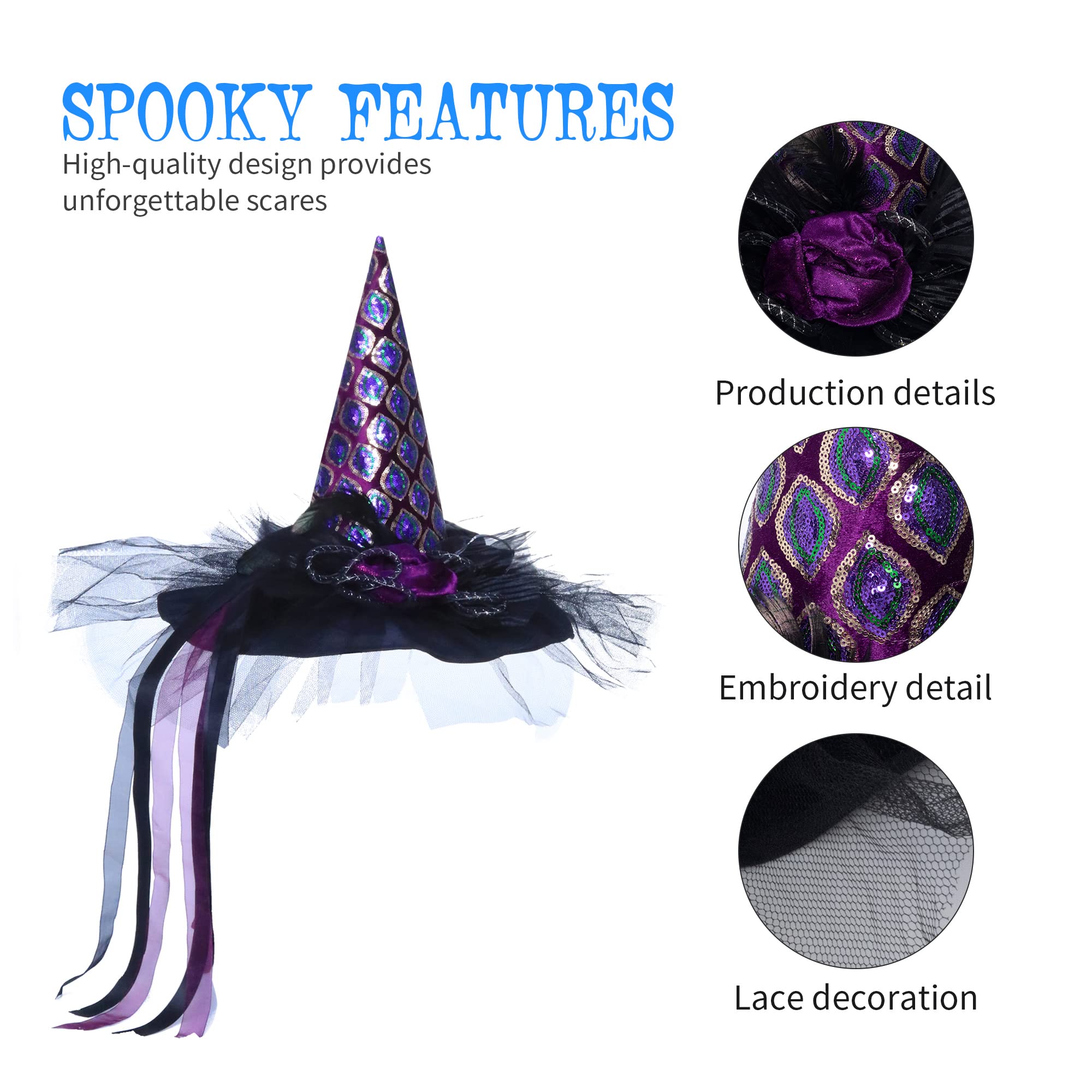 QinYing Purple Halloween Costume Witch Hats for Women Steeple Top with LED Lights for Party Purple