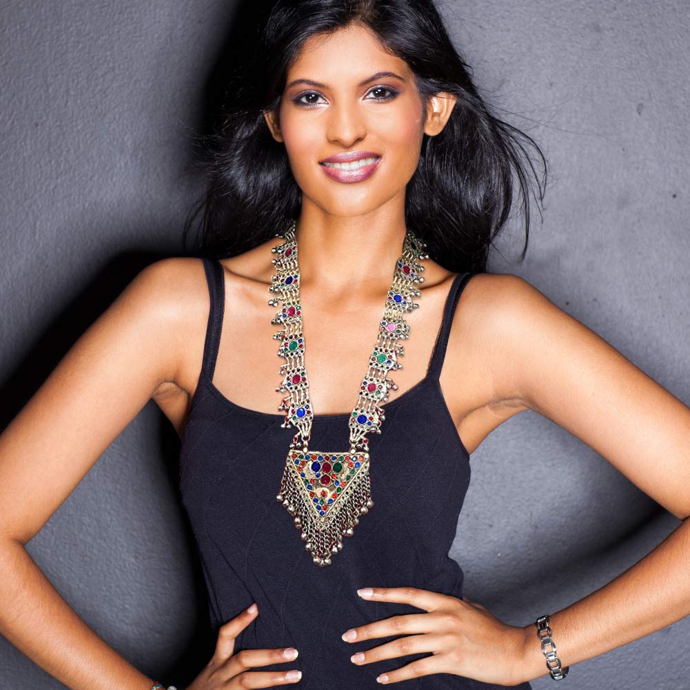 Duel On Jewel Afghan Tribal Womens Statement Kuchi Oxidized Metal Handmade Triangle Pendant Necklace in Multicolor - Bohemian Belly Dancing Dandiya Jewelry
